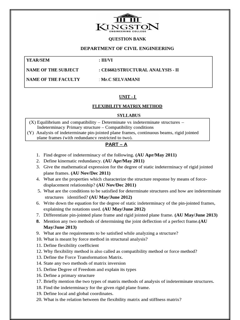 QUESTION BANK Structural Analysis II | PDF | Finite Element Method ...