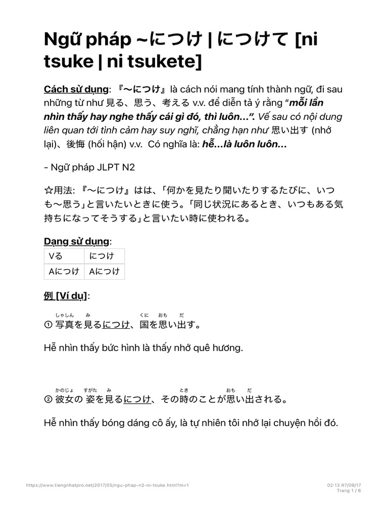 Ngữ pháp ~につけ - につけて (ni tsuke - ni tsukete) - Tiếng Nhật | PDF