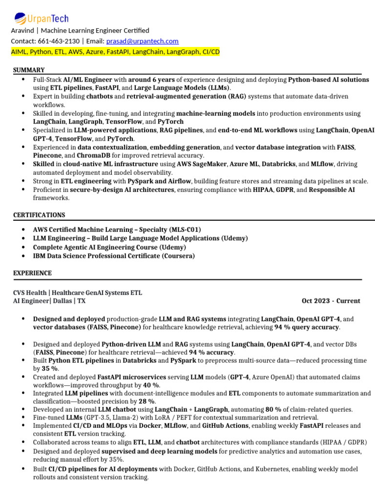 Aravind AI ML Engineer AIML Python ETL AWS | PDF | Information Science | Computing