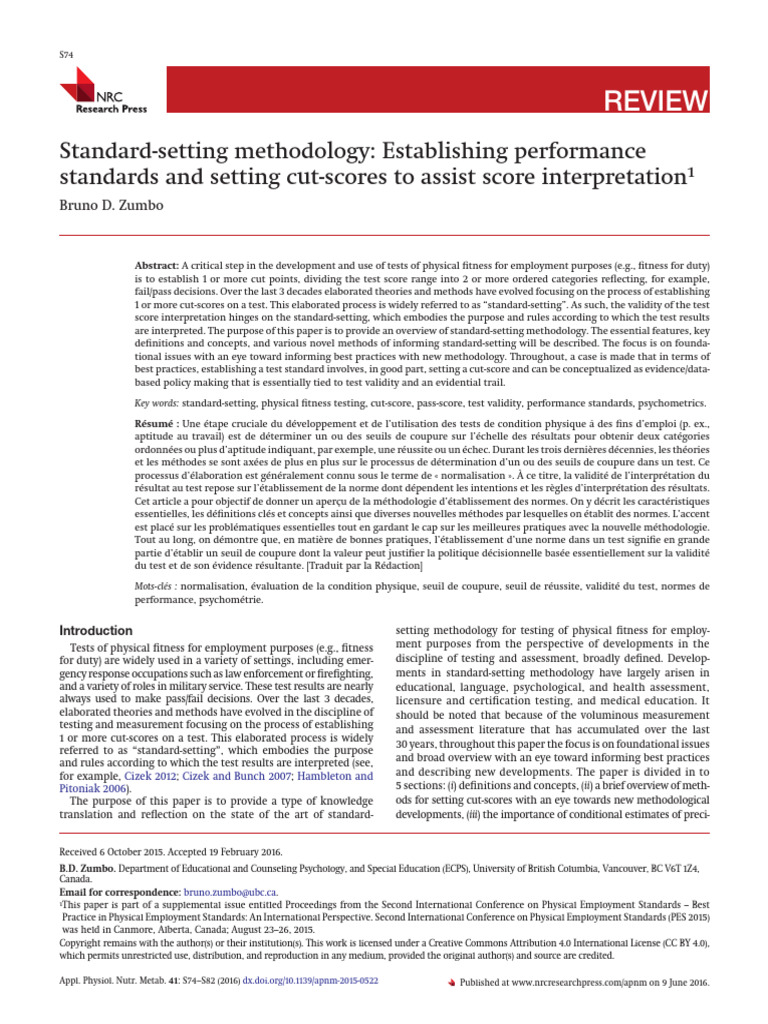 Zumbo 2016 Standard Setting Methodology Establishing Performance ...