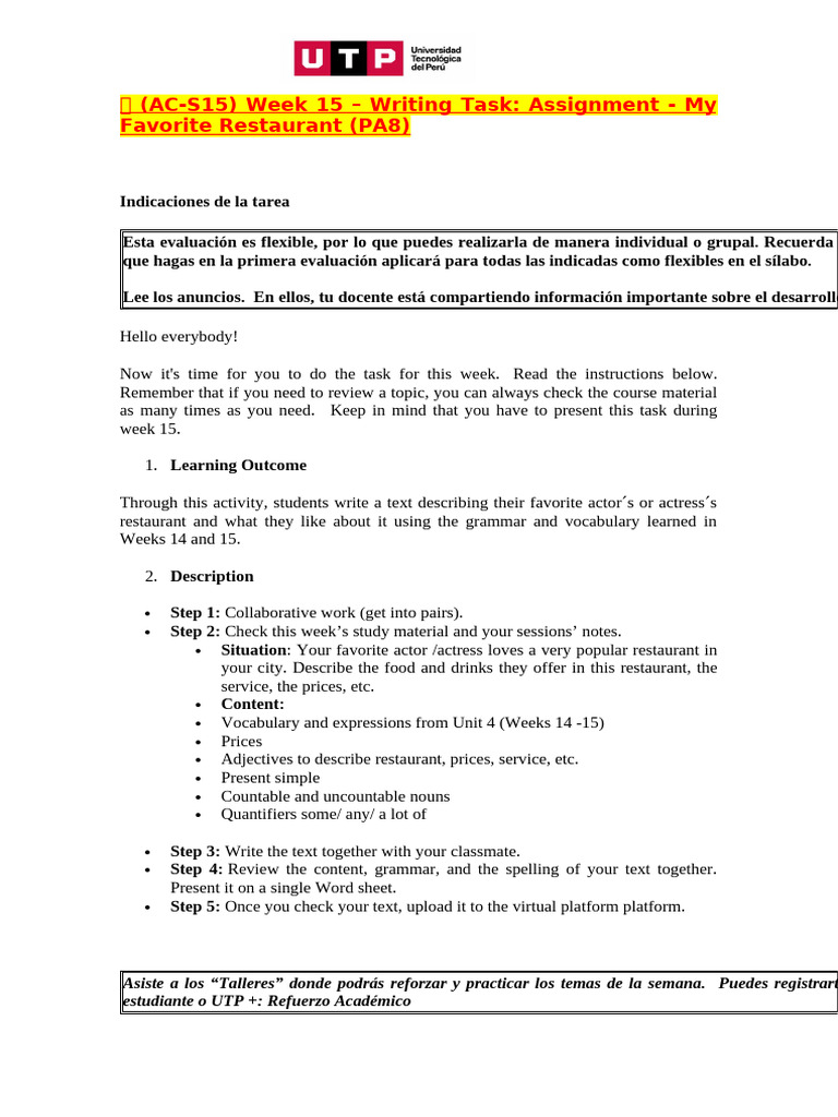 ? (AC-S15) Week 15 – Writing Task Assignment - My Favorite Restaurant (PA8)- ingles 2 | PDF ...