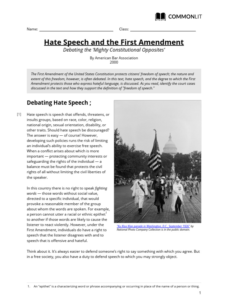 Commonlit - Hate Speech and The First Amendment - Student | PDF ...