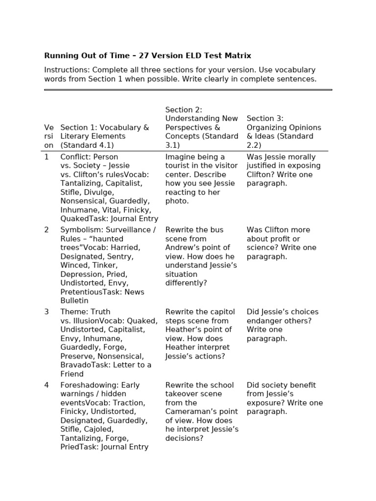 Running Out of Time Printable Matrix | PDF