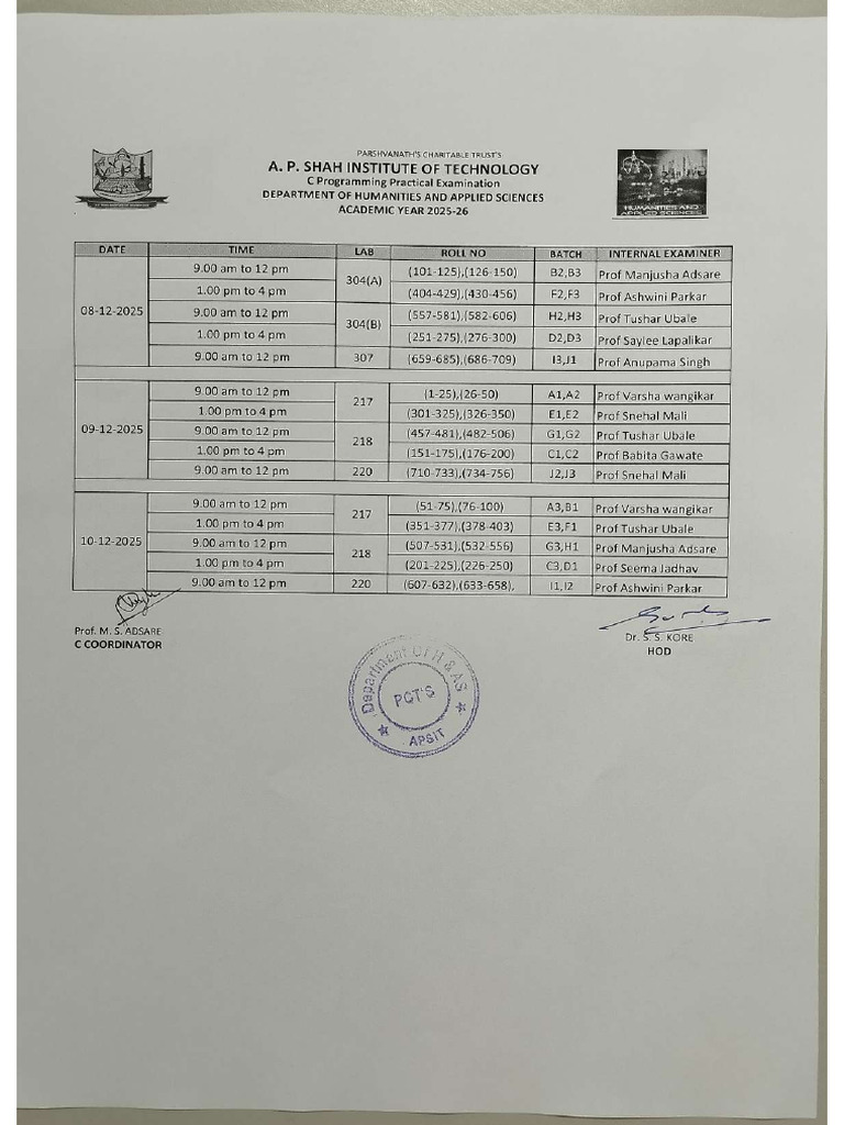 CP Practical_Oral Examination Time Table | PDF