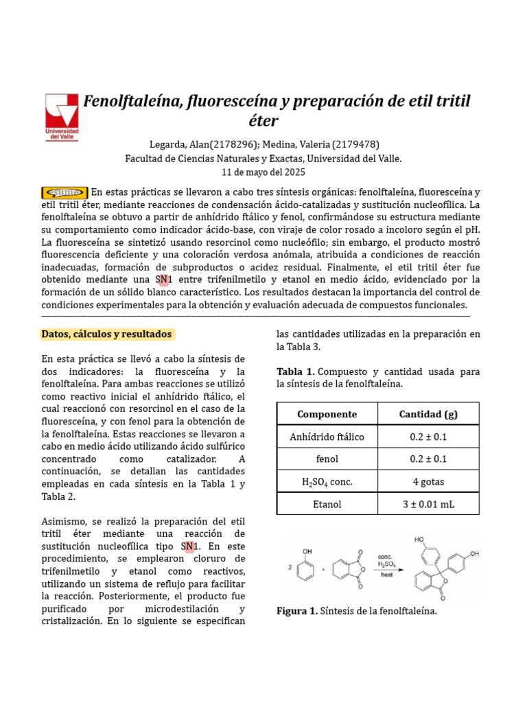 FENOLFTALEÍNA, FLUORESCEÍNA y PREPARACIÓN DE ETIL TRITIL ÉTER | PDF ...