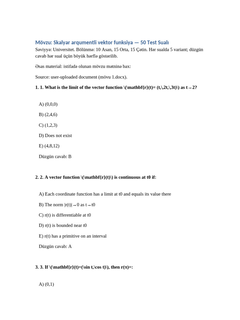 50 Scalar Argument Vector Function Questions | PDF | Derivative ...