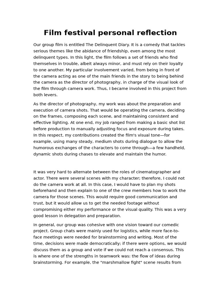 Reflection On Film Festival | PDF | Camera | Cinematography