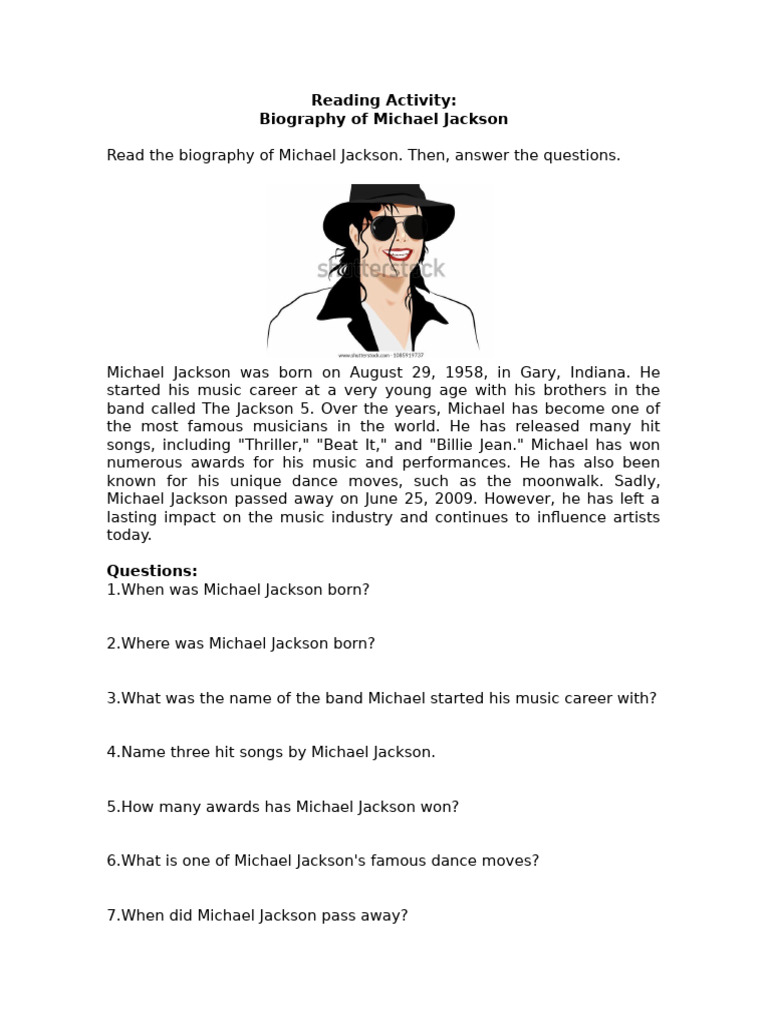 Reading Activity - Reading Activity - Biography of Michael Jackson | PDF