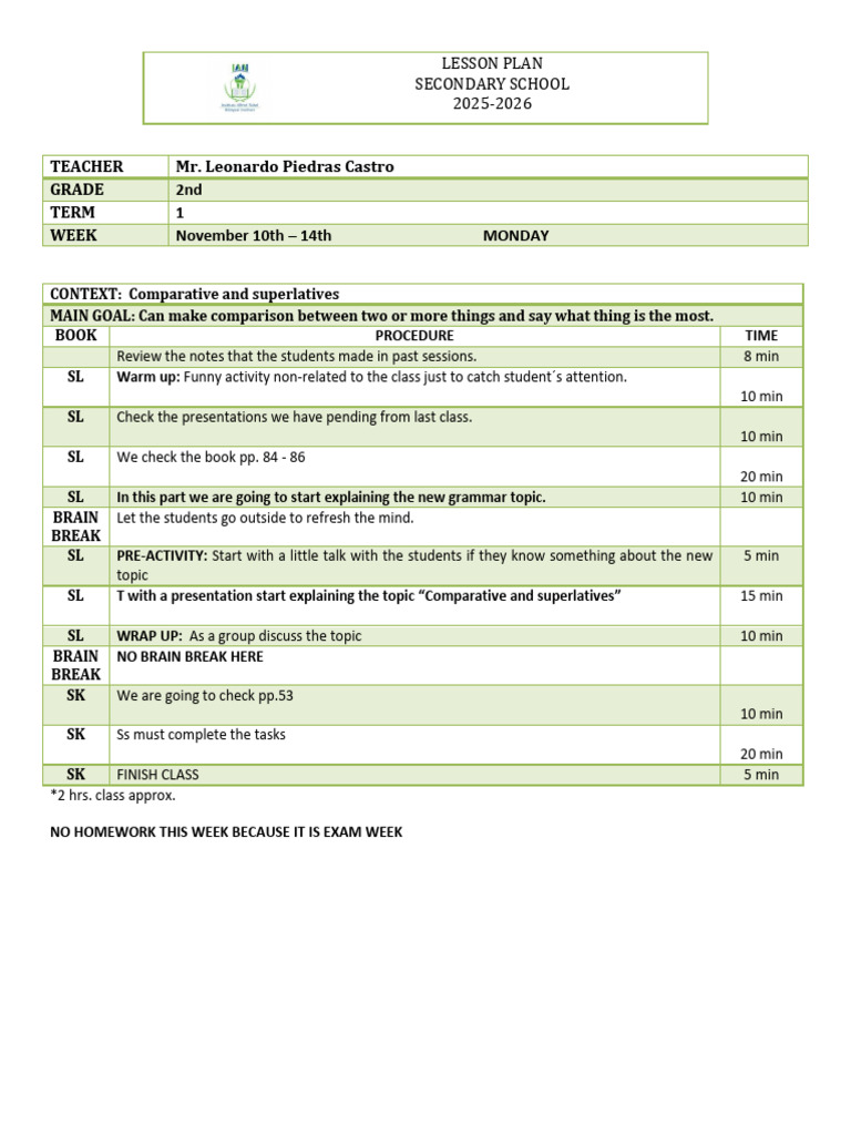 Lesson Plan - Second Grade - November 10 To 2 | PDF | Lesson Plan ...