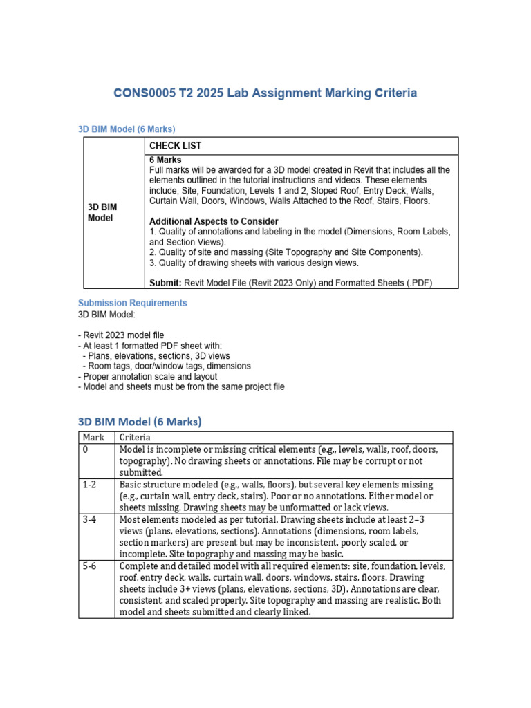 CONS0005 T2 2025 Lab Assignment Marking Criteria V3 | PDF | Autodesk Revit | Building ...