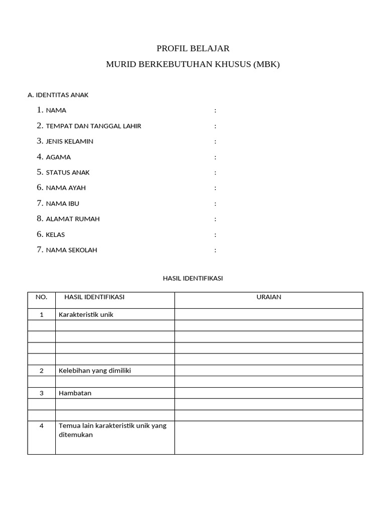 Contoh Profil Murid Berkebutuhan Khusus (MBK) | PDF