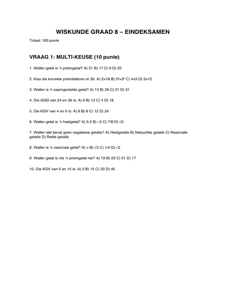 Wiskunde Gr8 Eksamen Mooi | PDF
