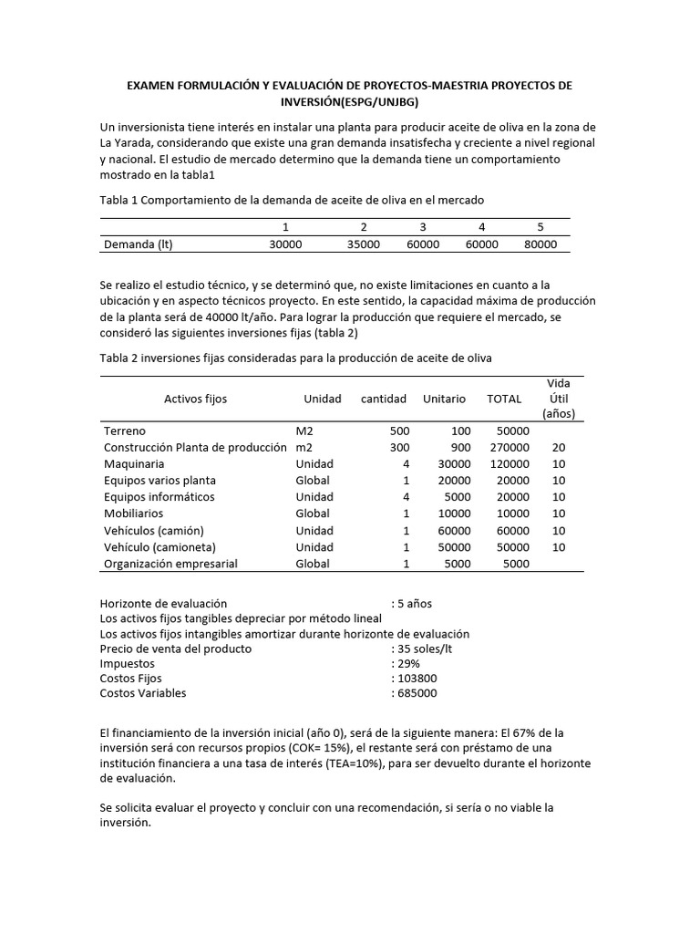 Ejercicio Eval Proy | PDF | Mercado (economía) | Ciencias económicas