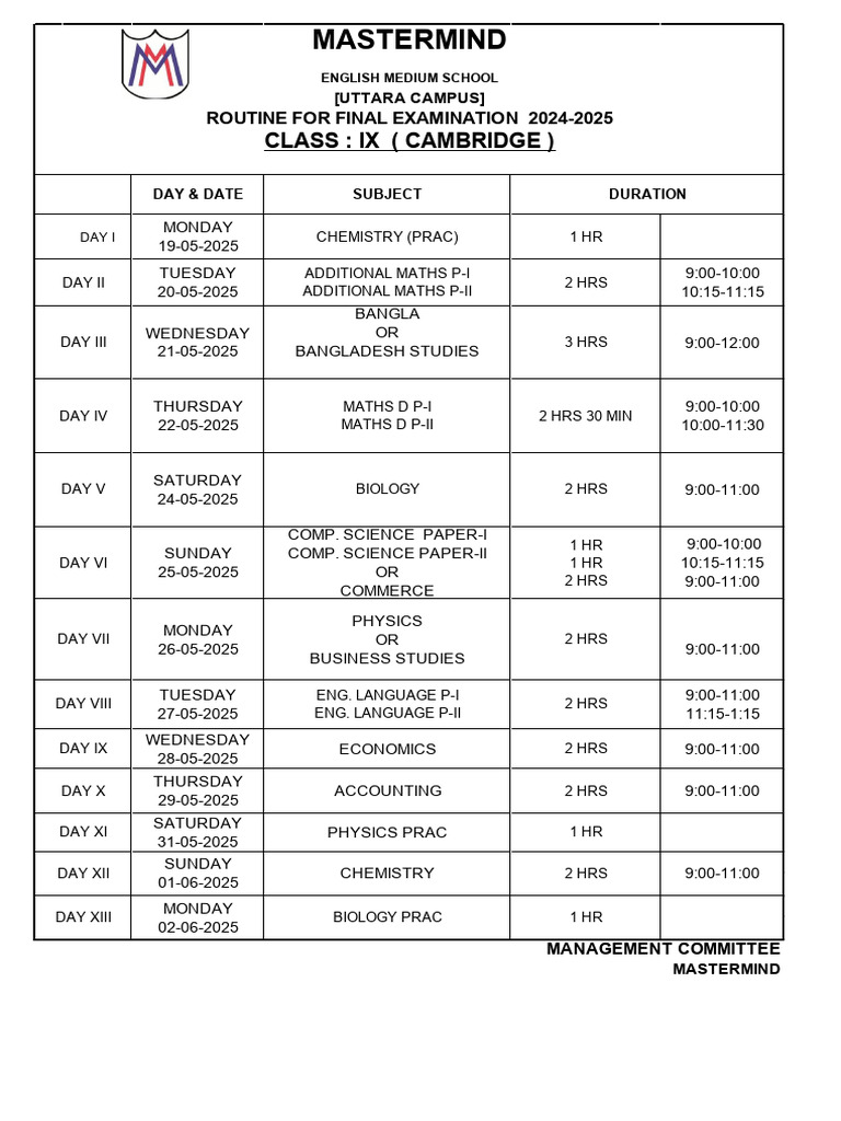 09 Class Ix FT Cambridge Routine May 2025 Utt | PDF