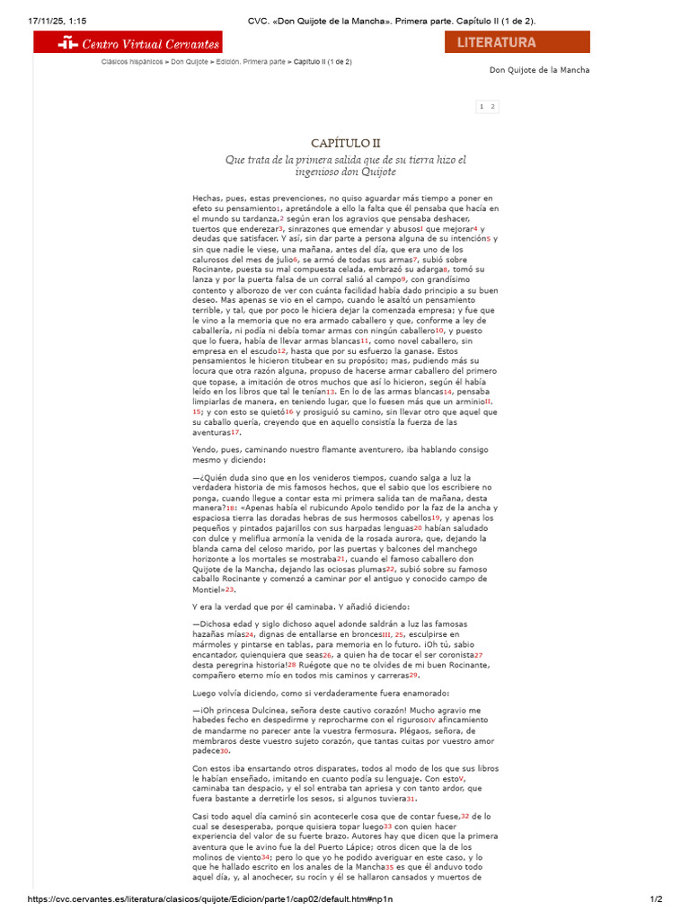 CVC. «Don Quijote de la Mancha». Primera parte. Capítulo II (1 de 2 ...