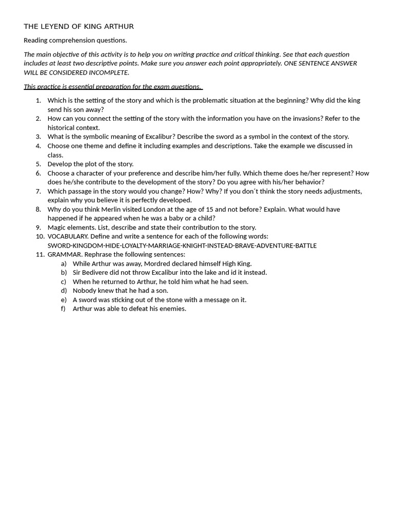 King Arthur Reading Comprehension Guide | PDF