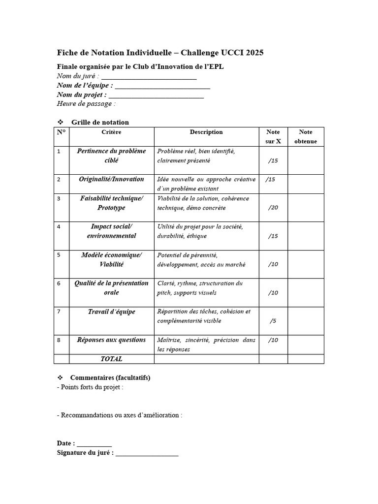 Fiche de Notation Challenge UCCI 2025 | PDF