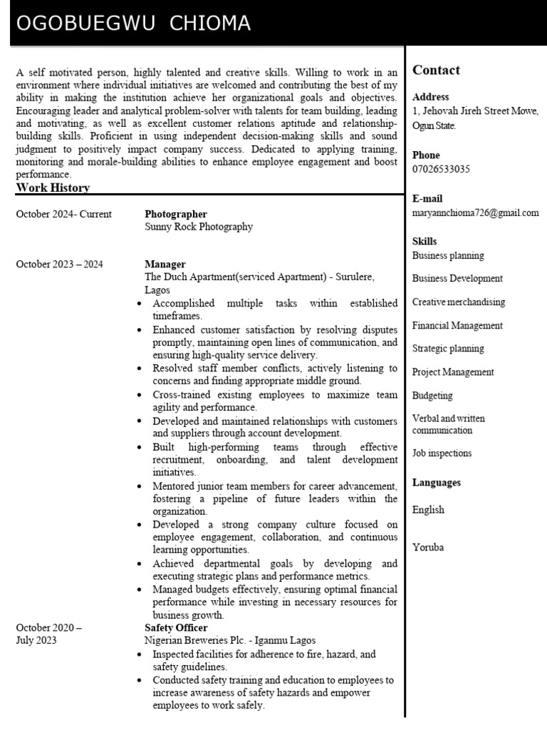 Ogobuegwu Chioma New Resume | PDF | Safety | Occupational Safety And Health