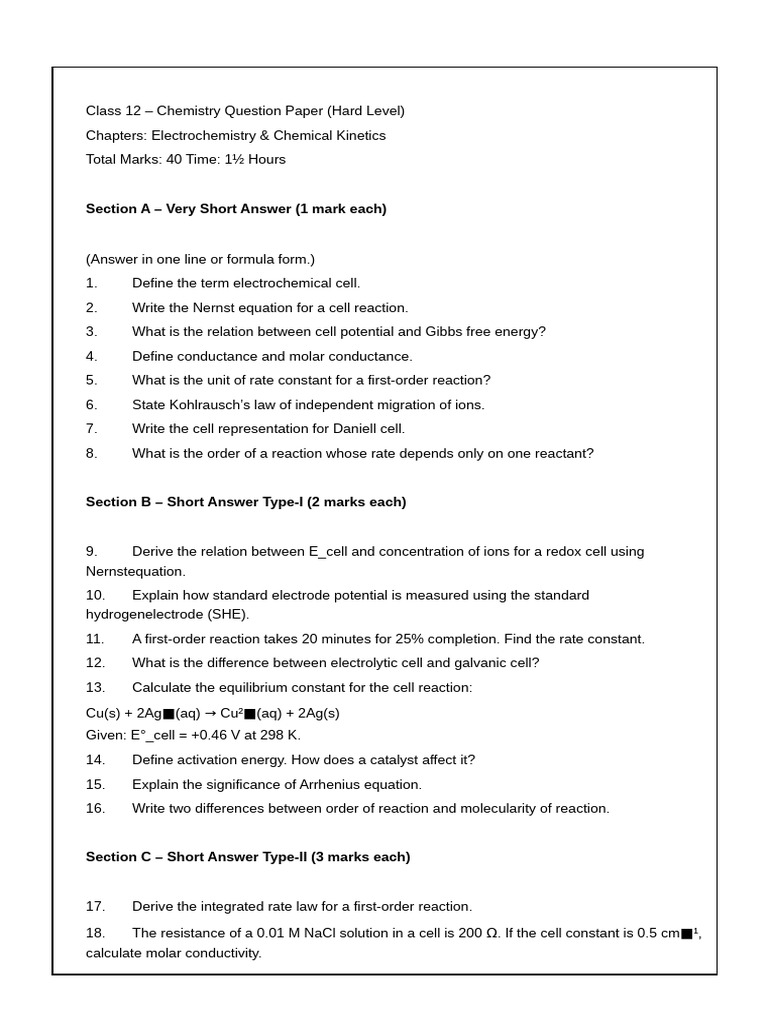 Class 12 Chemistry: Electrochemistry & Kinetics Exam | PDF ...