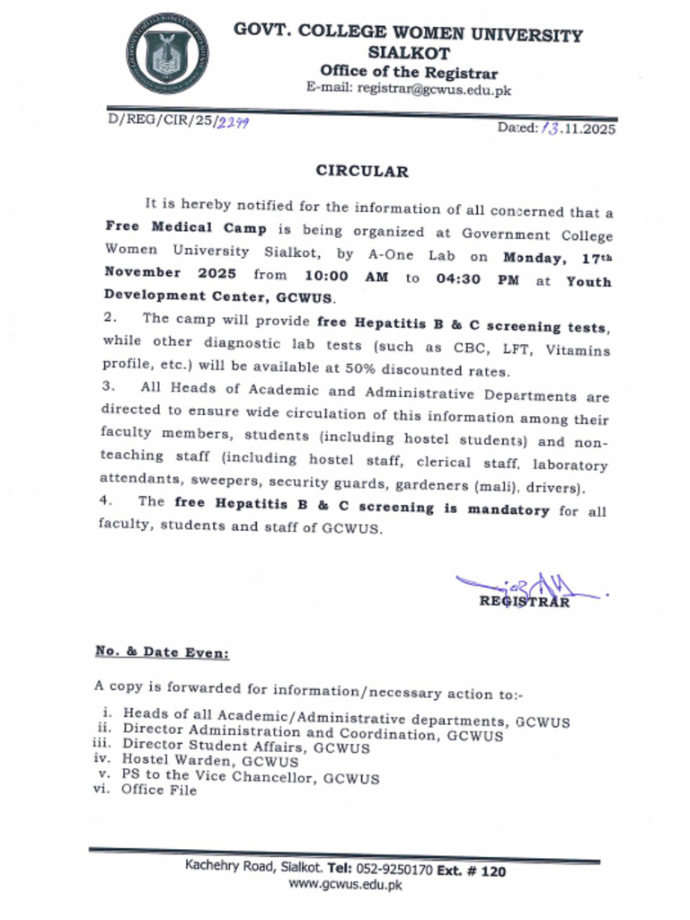 Circular - Free Medical Camp Is Being Organized at GCWUS On Monday ...