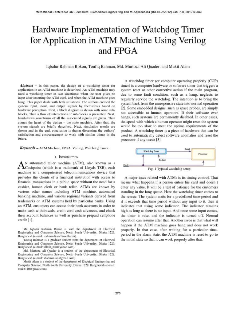 Hardware Implementation of Watchdog Timer For Application in ATM Machine Using Verilog and FPGA ...
