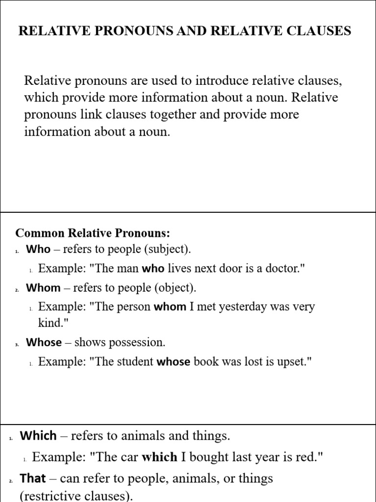 Understanding Relative Pronouns & Clauses | PDF | Pronoun | Syntax