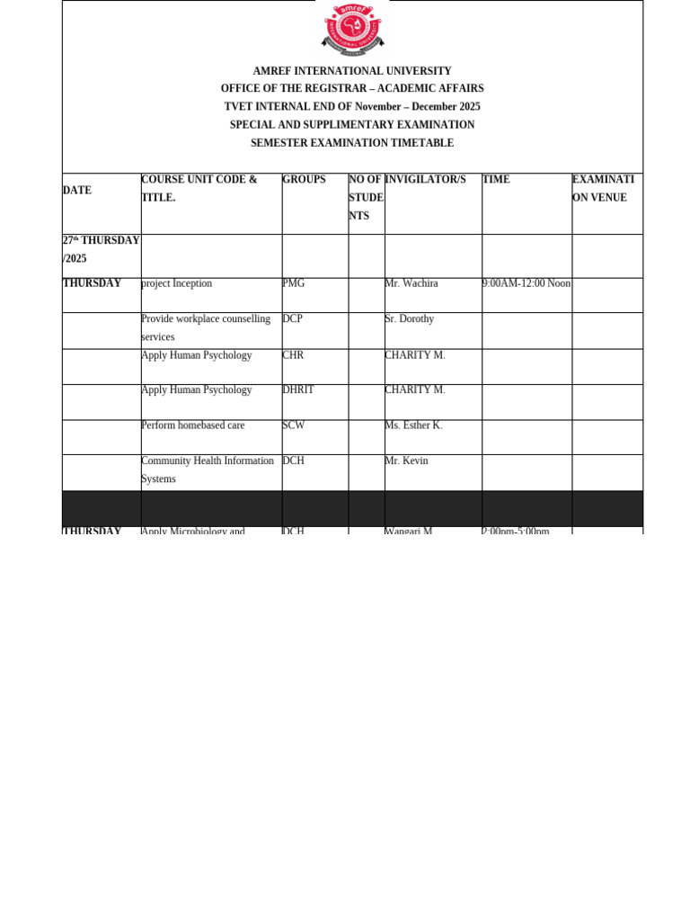 AMREF University December 2025 Exam Timetable | PDF