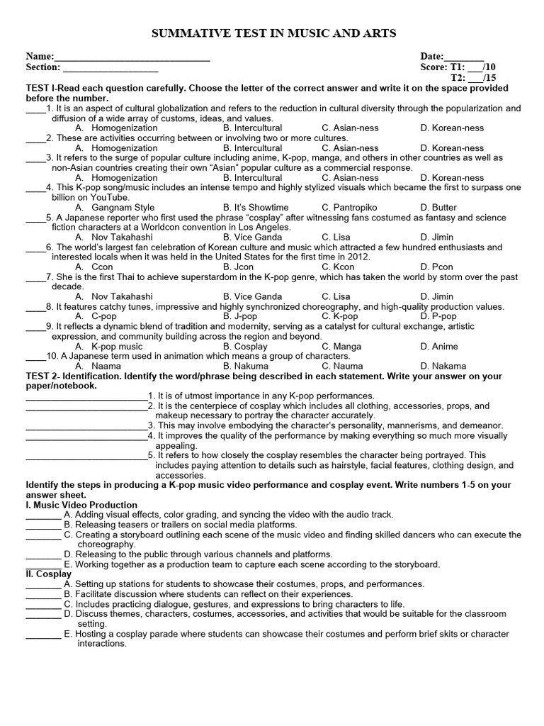 Summative Test in Music and Arts | PDF | Cosplay
