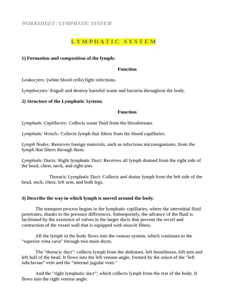 The Lymphatic System - Worksheet - Jessica | PDF | Lymph | Lymphatic System