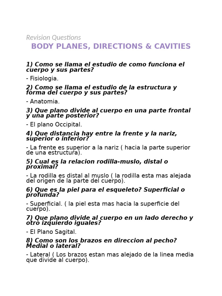 Revision Questions - Body Planes, Directions & Cavities | PDF ...