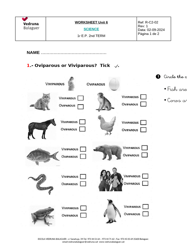 Unit 6 Science Worksheet: Oviparous vs Viviparous | PDF