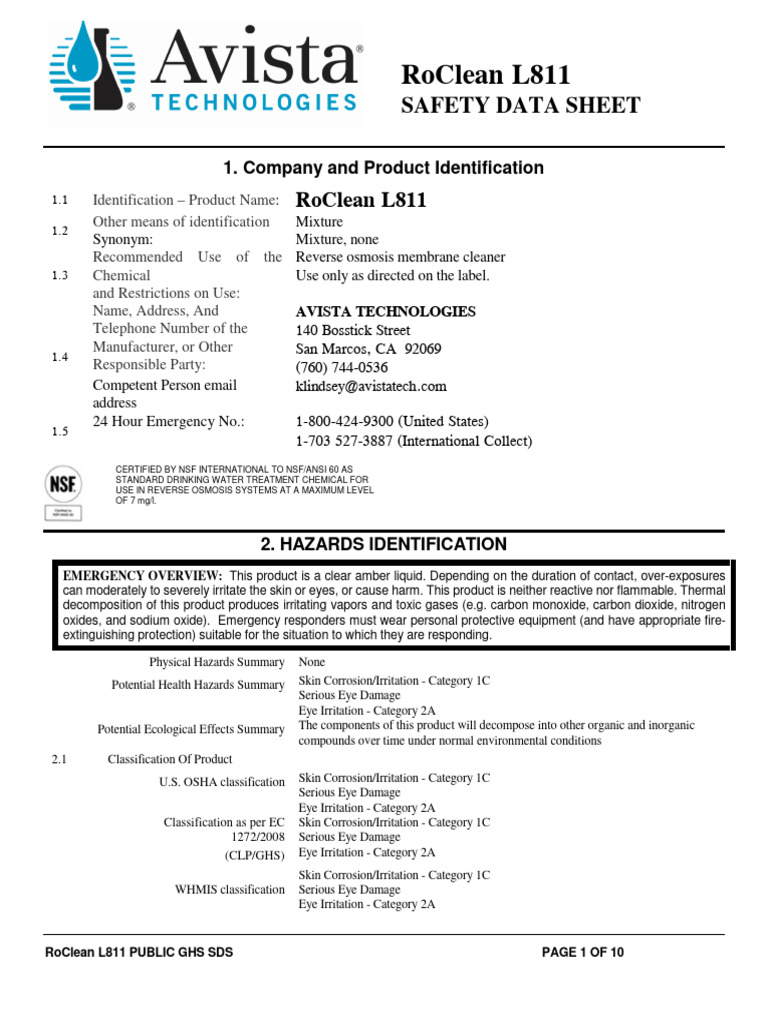 RoClean L811 GHS Safety Data Sheet | PDF | Dangerous Goods | Workplace