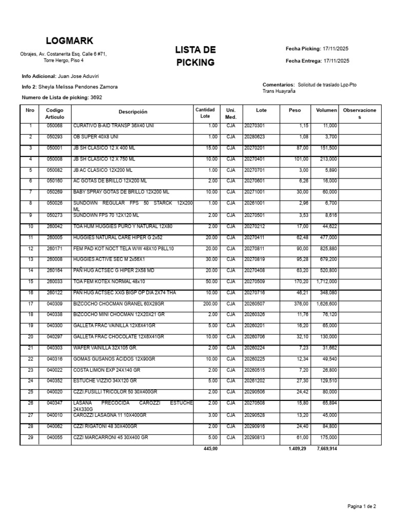Lista de Picking - 3692 Logmark | PDF