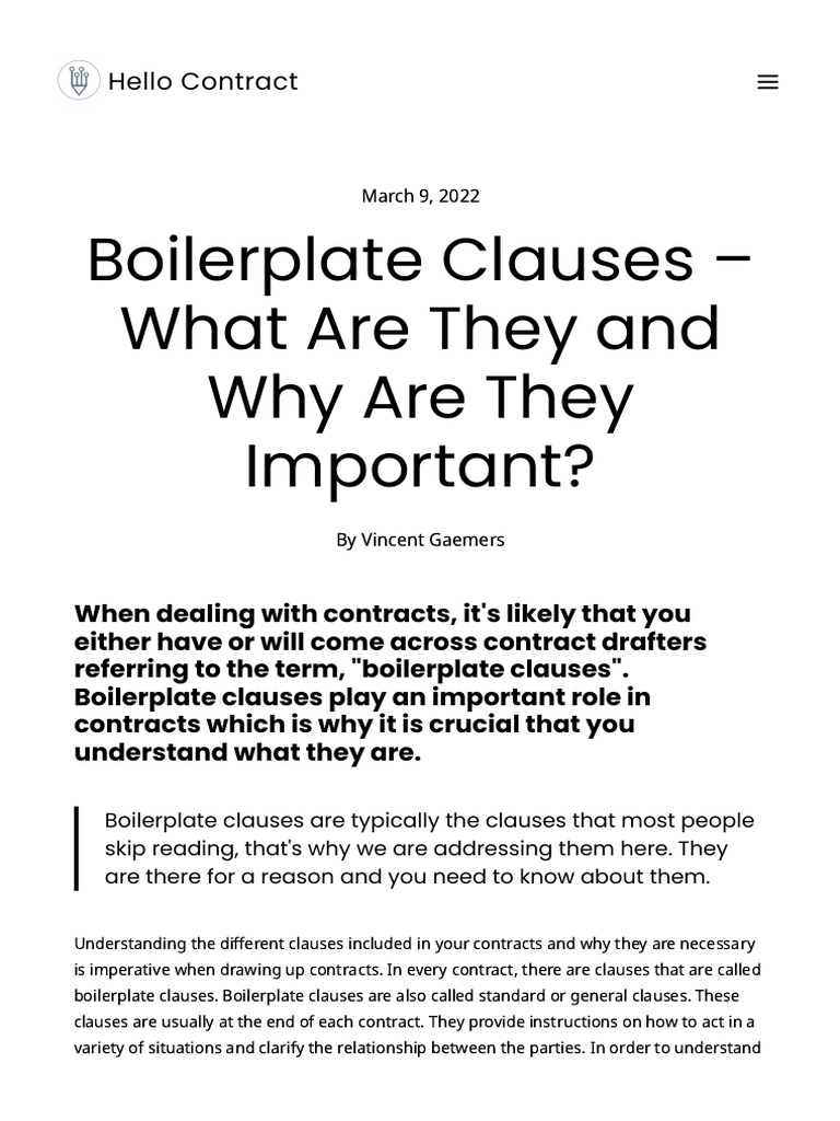 Boilerplate Clauses – What Are They and Why Are They Important_ - Hello Contract | PDF | Trade ...