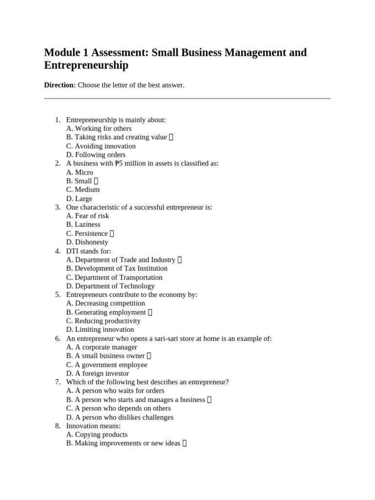 Special Topics in MGT Assessment | PDF | Entrepreneurship | Sole ...