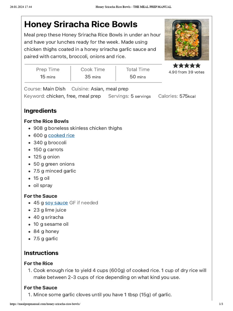 Honey Sriracha Rice Bowls - The Meal Prep Manual | PDF | Garlic | Grilling
