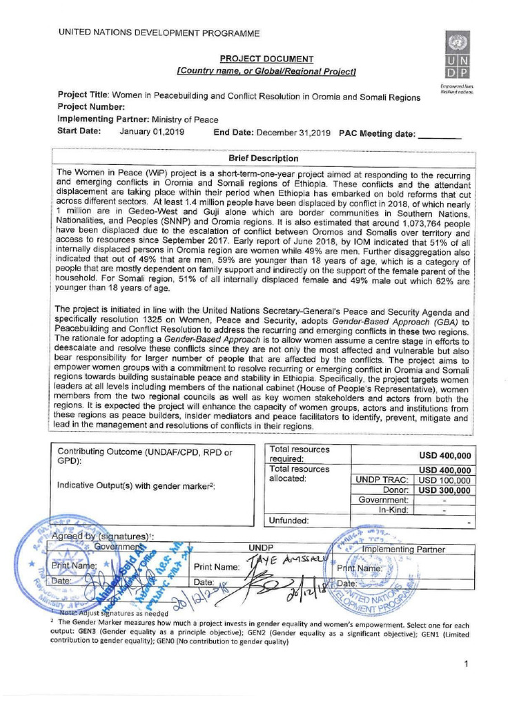 Signed ProDoc-Women As Peace Makers in Ethiopia | PDF