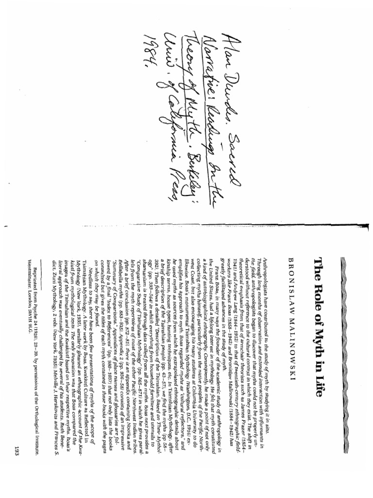 Malinowski-The Role of Myth in Life | PDF