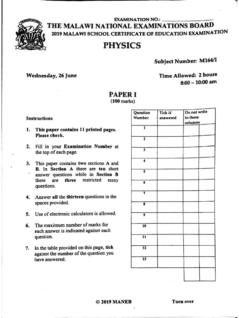2019 Physics Pp1 Maneb | PDF