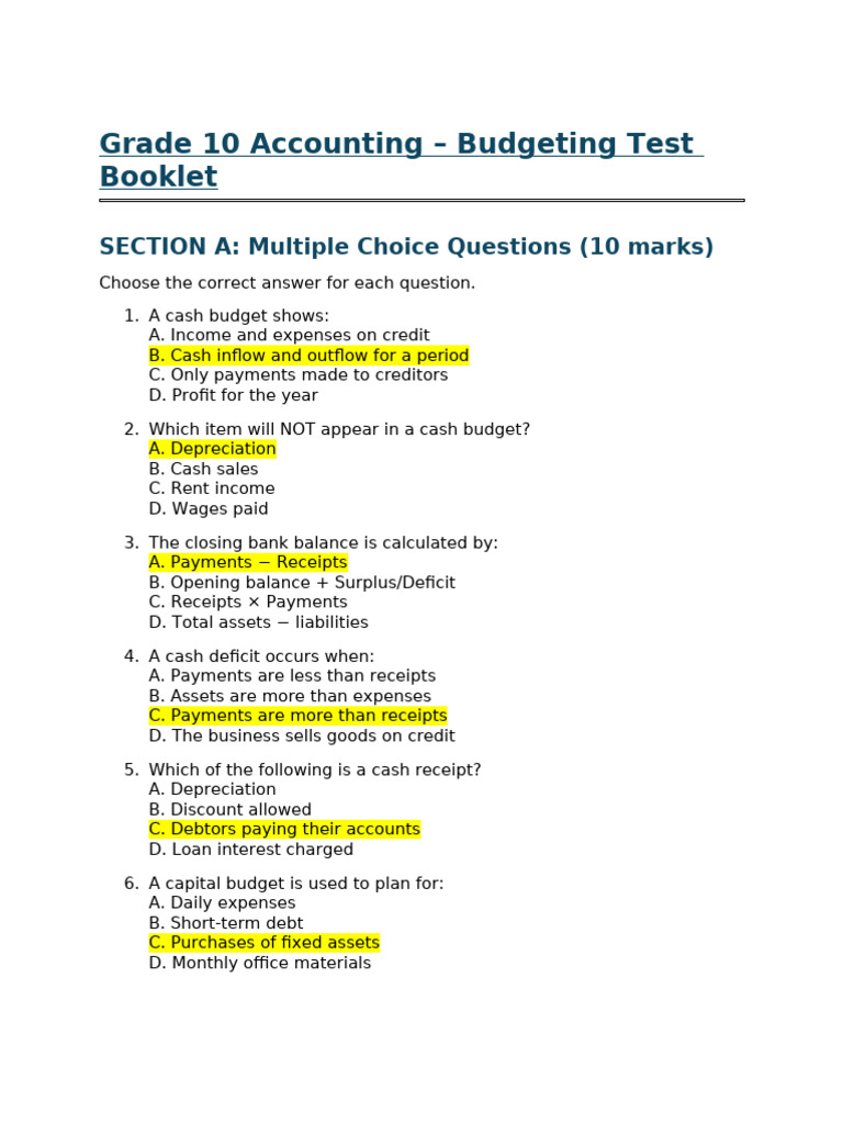Grade 10 Accounting Budgeting Test | PDF | Budget | Expense