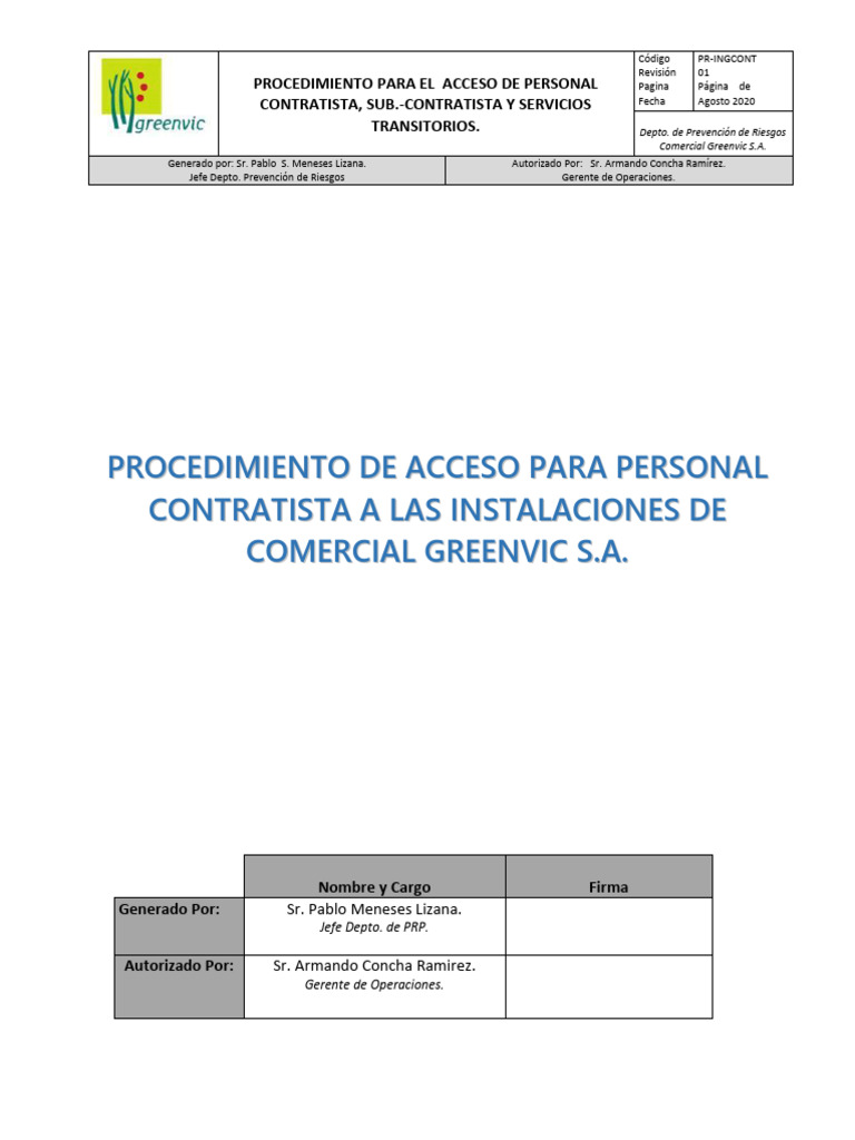 Procedimiento para Ingreso de Contratistas 2.0 | PDF | Outsourcing | Riesgo