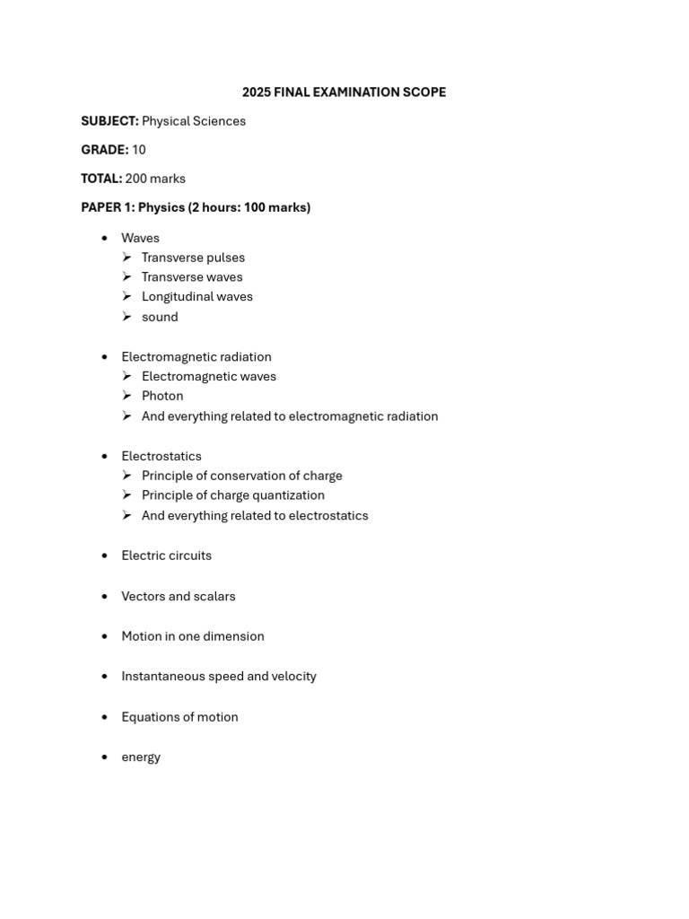 2025 Grade 10 Physical Sciences Exam Scope | PDF