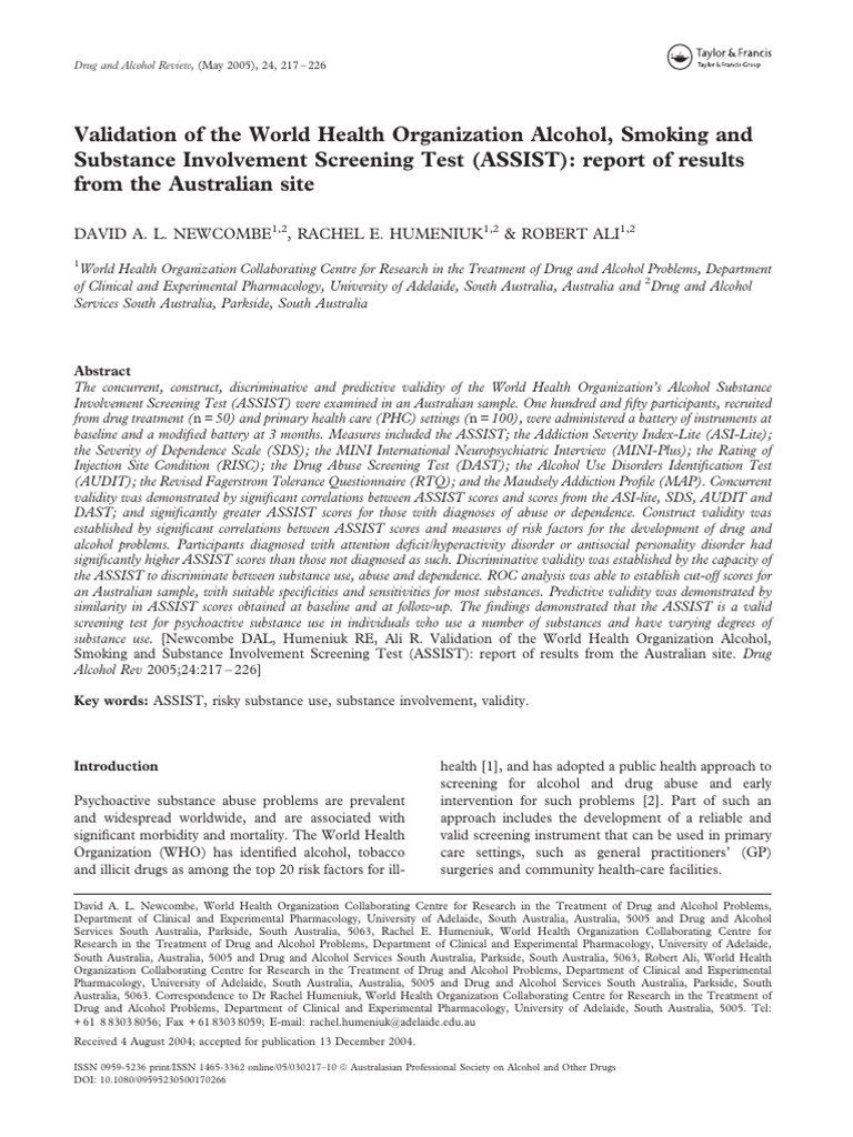 Validation of the World Health Organization Alcohol, Smoking -- DAVID A ...