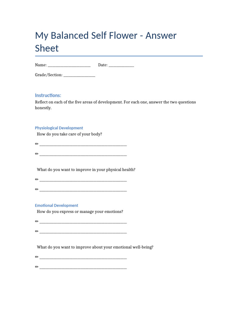 Balanced Self Reflection Worksheet | PDF
