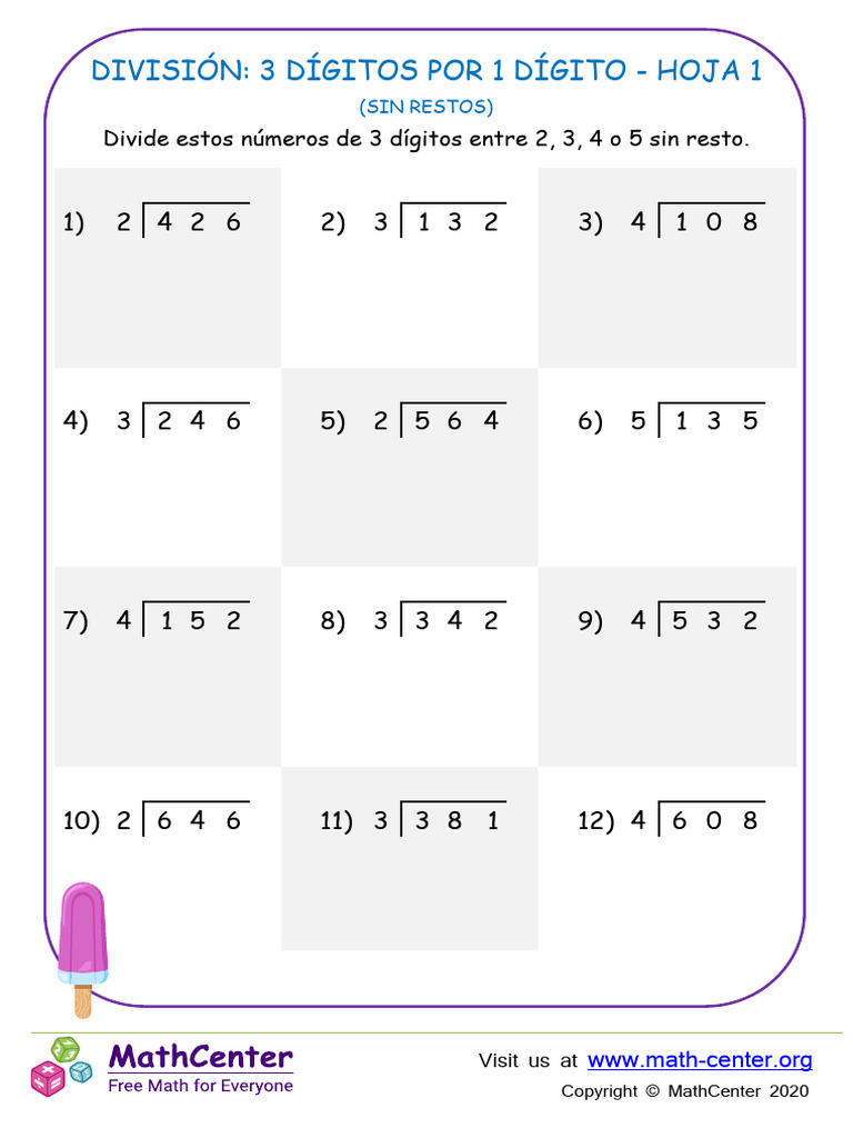 Division 3 Digits by 1 Digit 1 Questions | PDF