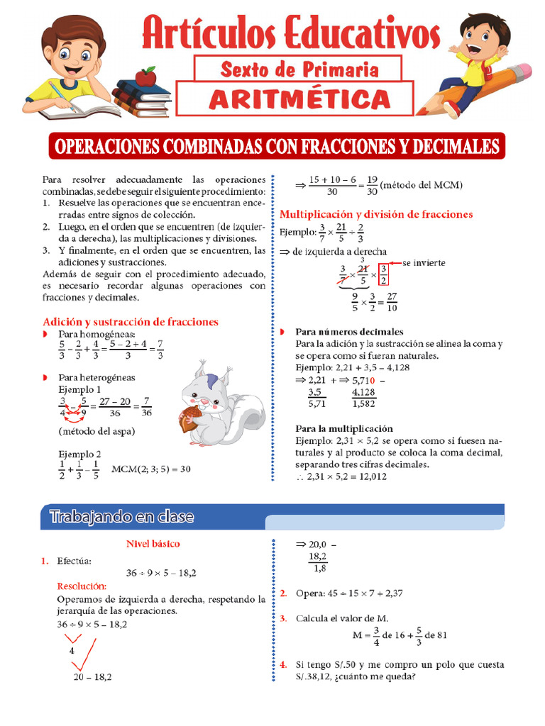 Operaciones Combinadas Con Fracciones y Decimales para Sexto de ...