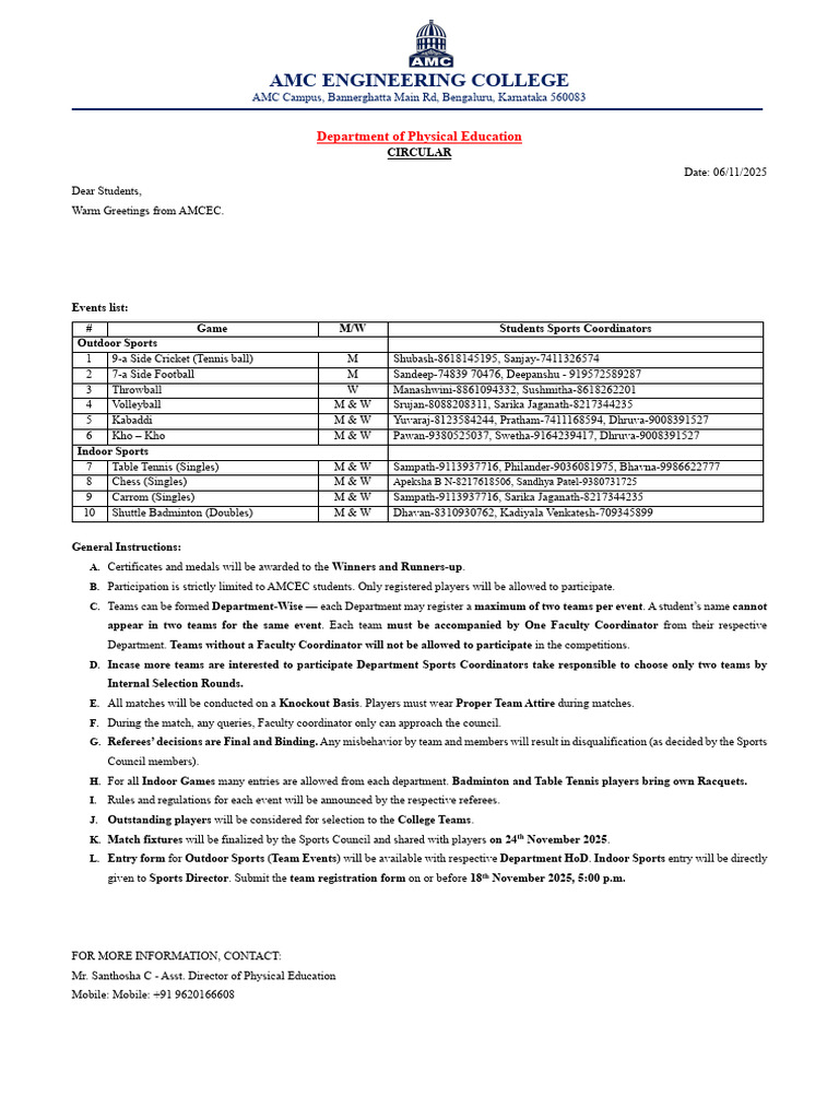 AMCEC Interdepartmental Sports 2025-26 | PDF | Summer Sports | Team Sports
