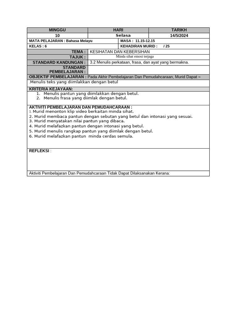 RPH BM TAHUN 6 1 | PDF