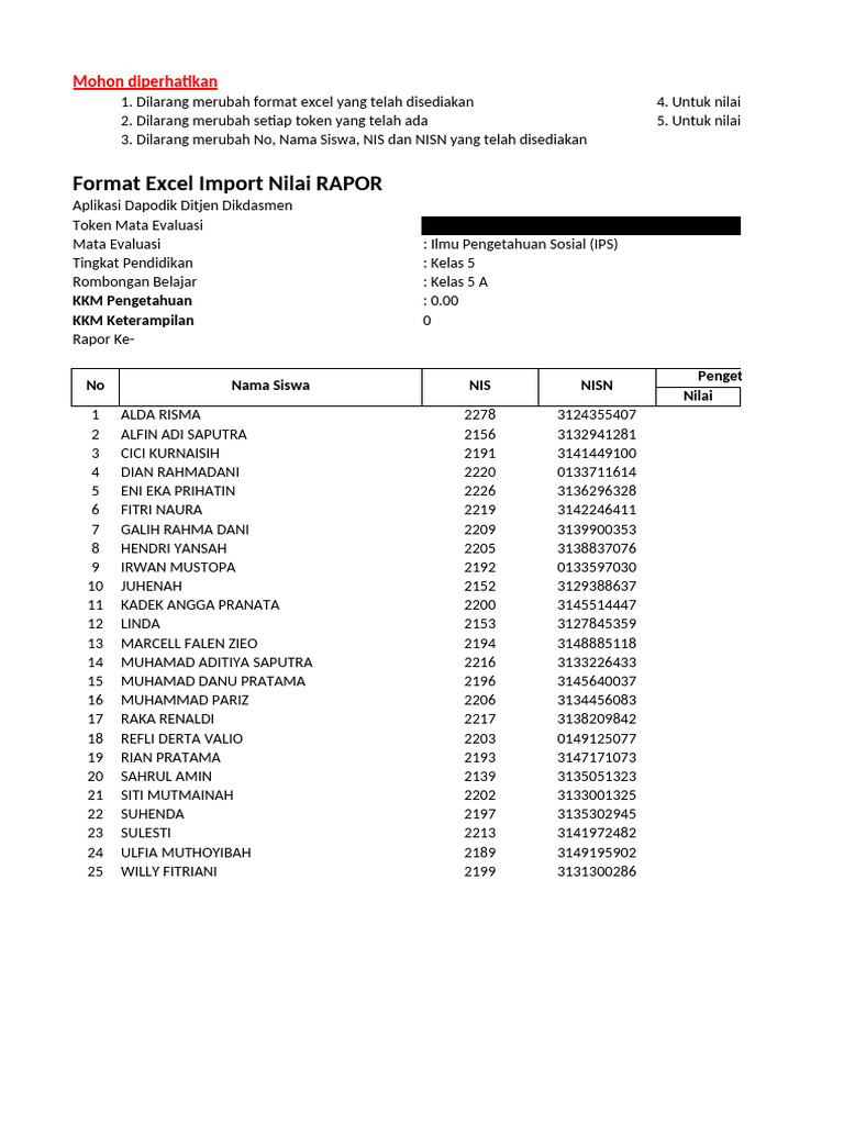Panduan Format Excel Nilai RAPOR Kelas 5 | PDF