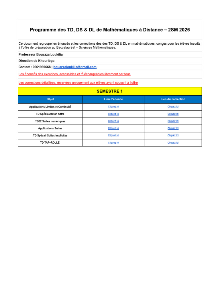 Mathématiques à Distance - TD, DS, DL 2026 | PDF